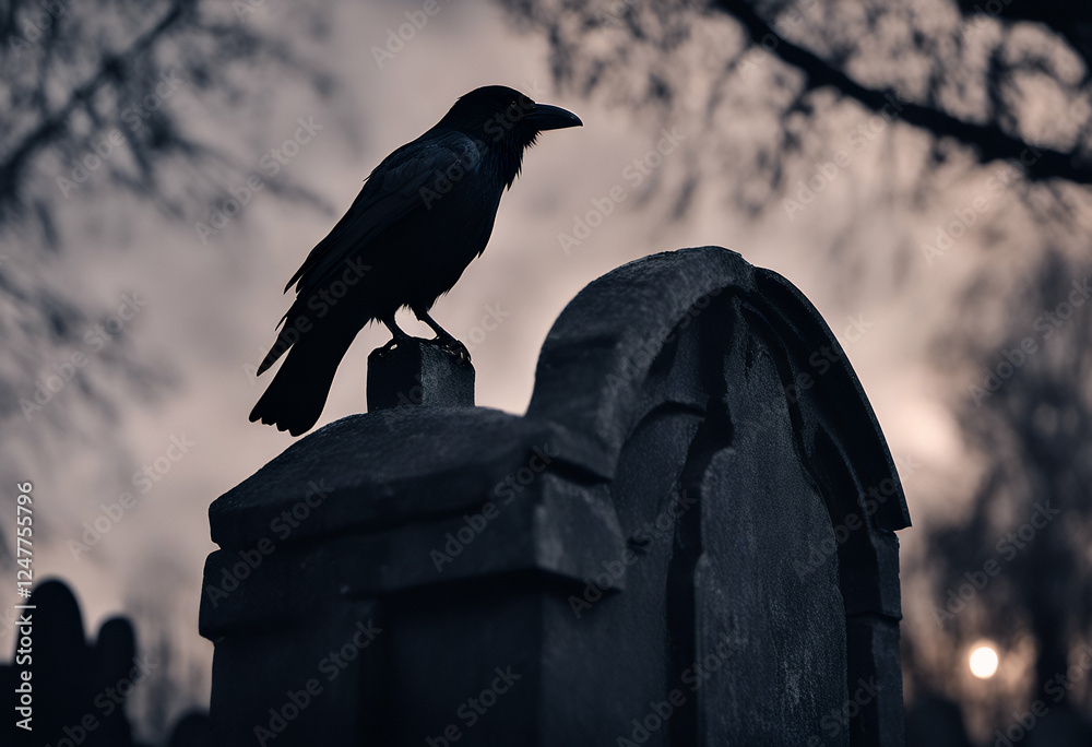 raven silhouette dark cemetery halloween moon crow fear grave night ...