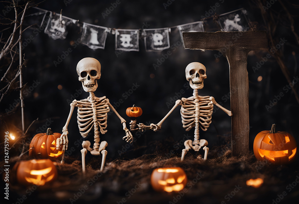 nights skeletons halloween party spooky wooden banner skeleton night ...