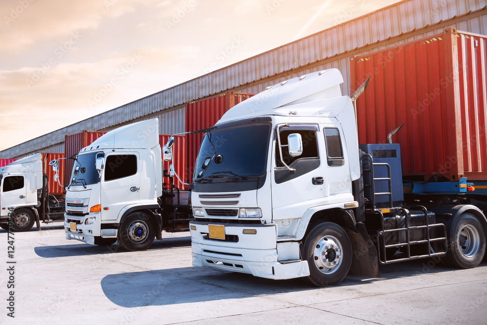 Foto de Stock Semi Trailer Trucks on The Parking Lot at Warehouse ...