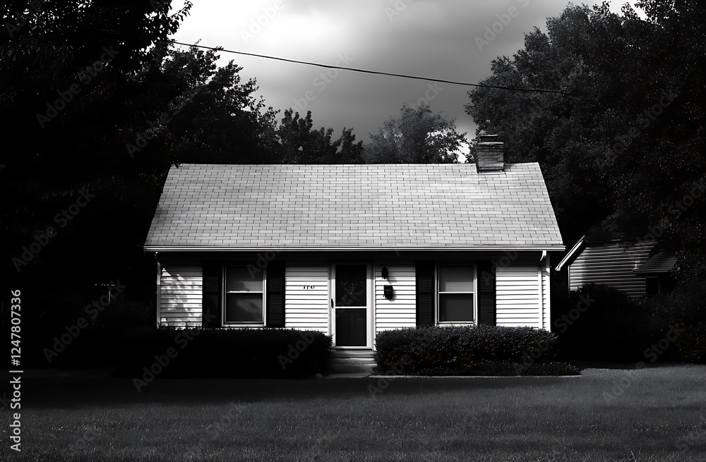 Front view of a simple suburban home with a vinyl shingle roof, a ...