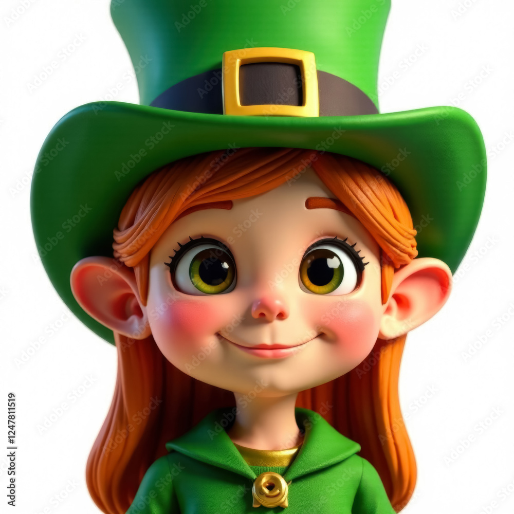 cartoon illustration 3d leprechaun girl in green hat portrait, clipart ...