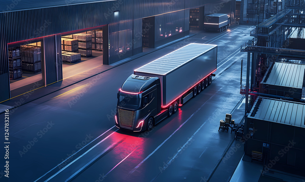 Self-Driving Truck Pulling Out from a Logistics Hub, Representing the ...