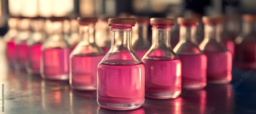 Labeled mass spectrometry individual flasks with pink liquid on a table ...