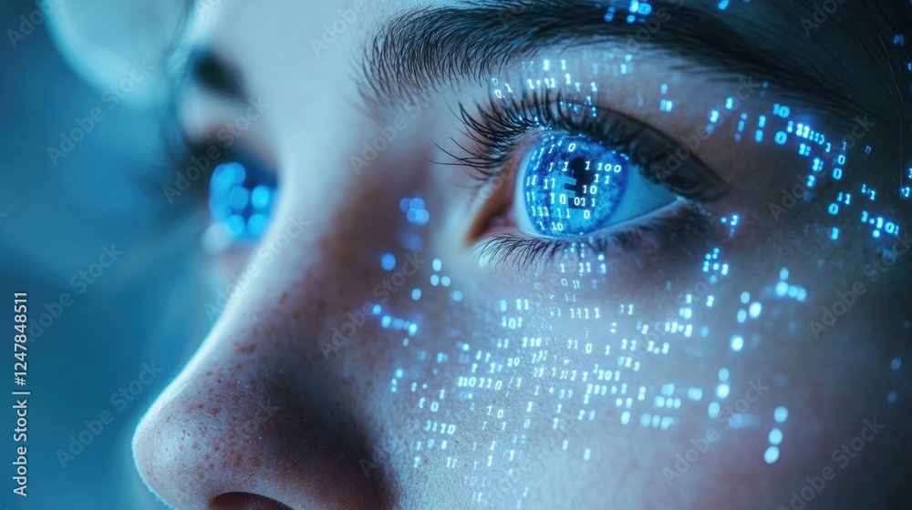 Futuristic Biometric Scanner Overlay A Person's Face with Binary ...