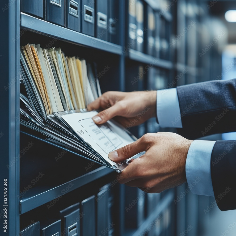 High-resolution image of a businessman's hands carefully reviewing important documents stored in ...