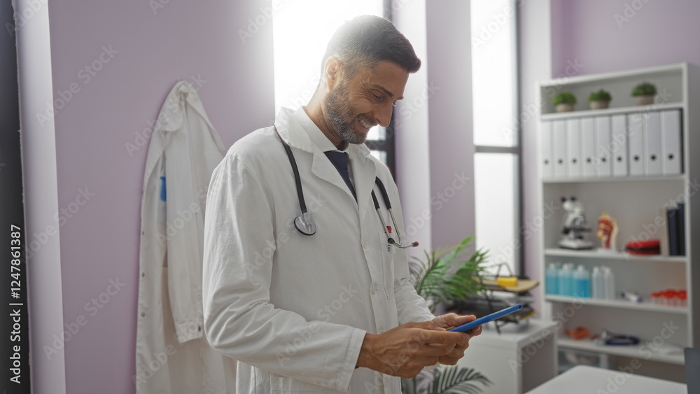 Doctor smiling man standing clinic using smartphone hospital room male ...