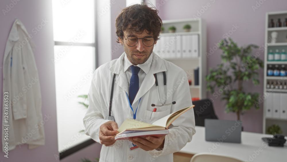 Doctor reading book in hospital room, wearing white coat and ...