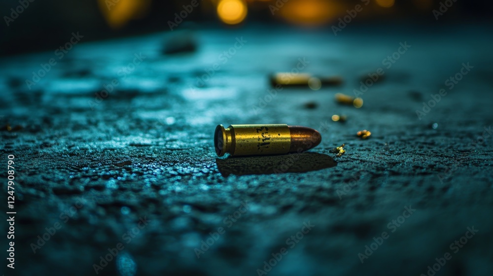 Macro photograph of bullet shell casing on textured concrete, forensic ...