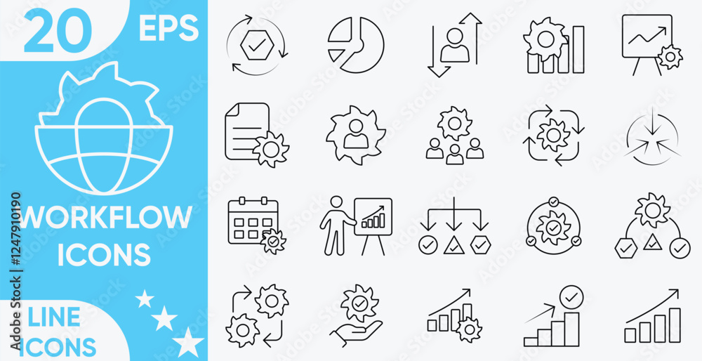 WorkFlow Line icon set. planning, progress, server, monitoring ...