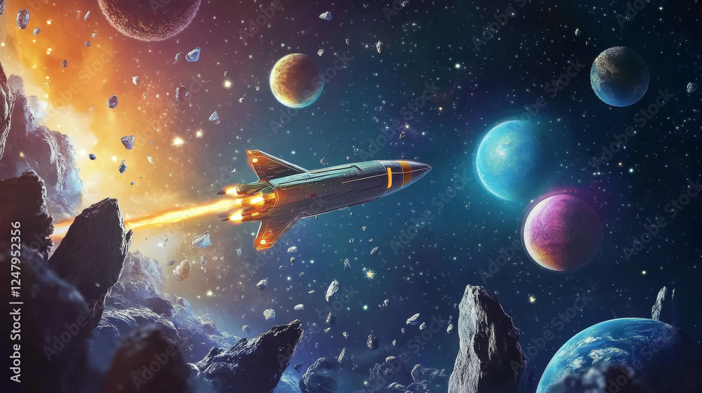 Game level map with floating islands and star rating, flying spaceship ...