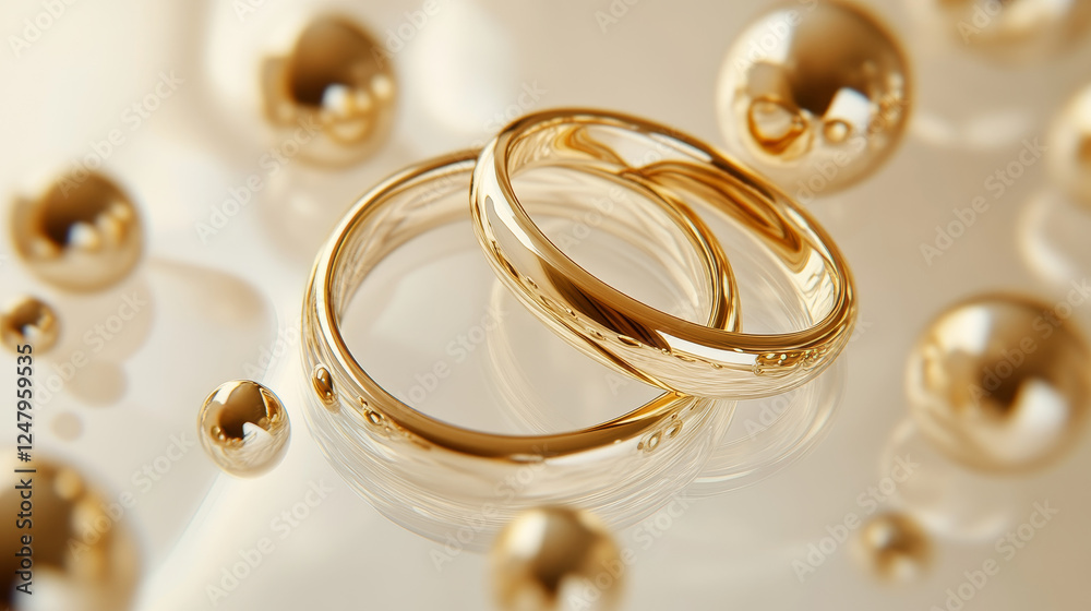3d romantic composition with golden wedding bands behind glass circle ...