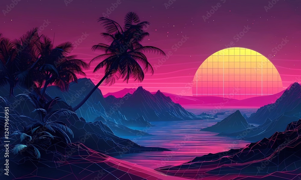Retro Sunset Paradise: Synthwave-inspired landscape featuring palm ...