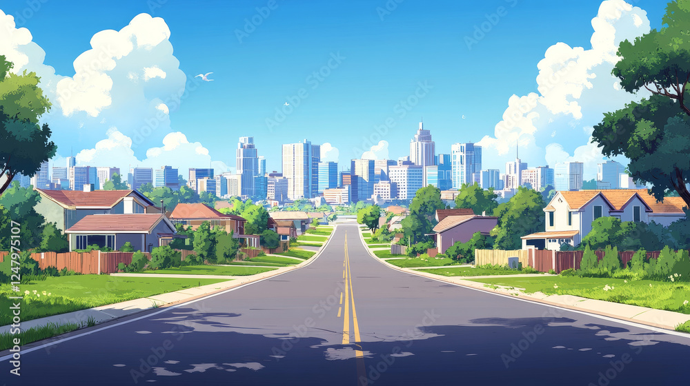 Road to city with skyscrapers, office buildings and houses. Vector ...