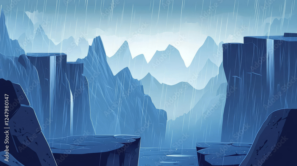 Mountain landscape with rain. Vector cartoon illustration of high rocks ...