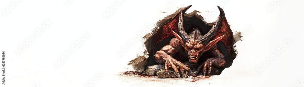 Mythical creature emerging from a broken wall, striking pose. Stock ...