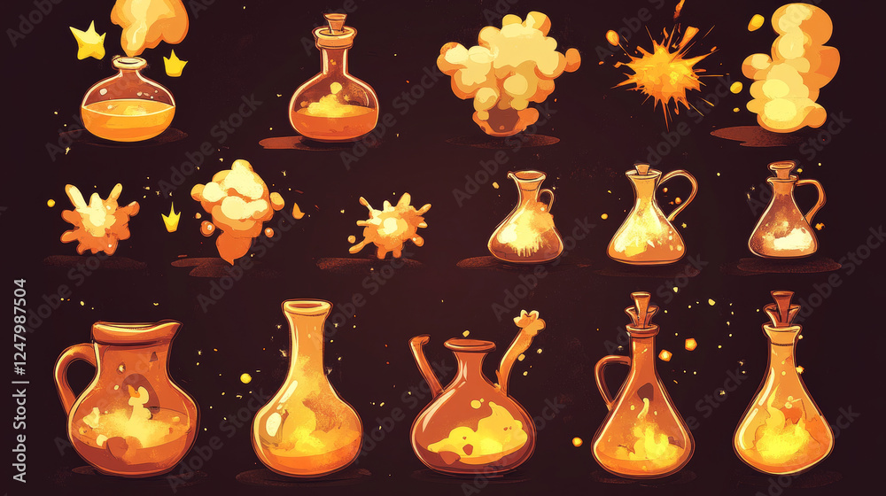 Laboratory potion bottle animation cartoon game icon. Chemical witch ...