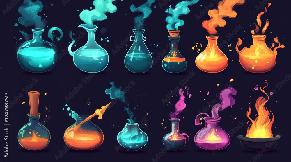 Laboratory potion bottle animation cartoon game icon. Chemical witch ...