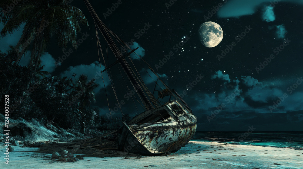 Ilustración de Stock Wrecked ship on night tropical island. Vector ...