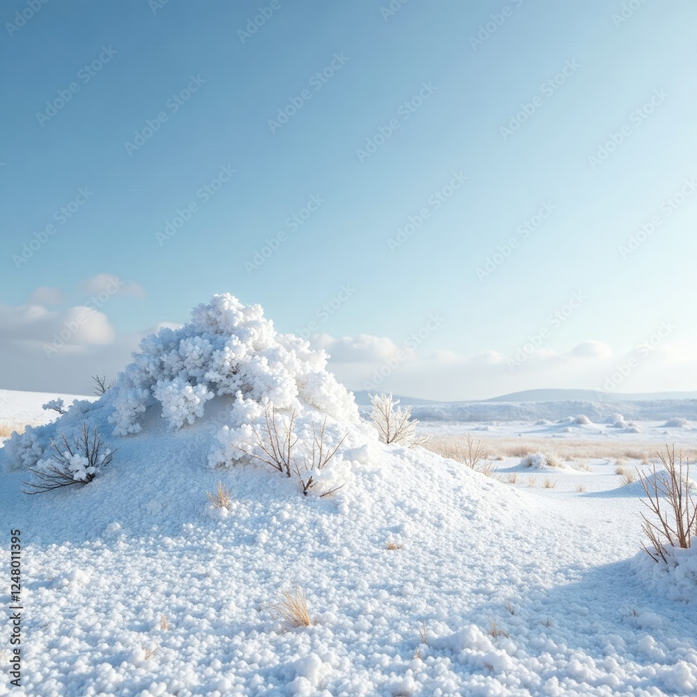 Frosty mound of snow drifting across a barren field, snow drifts ...