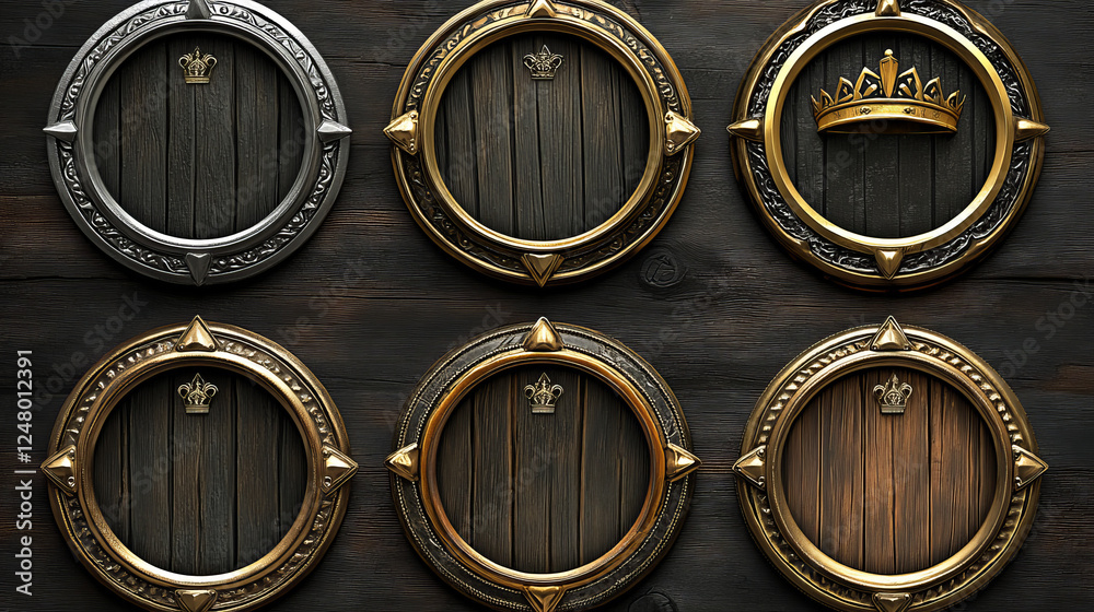 Rank avatar frame, fantasy game ui button icon. Gold and metal round ...