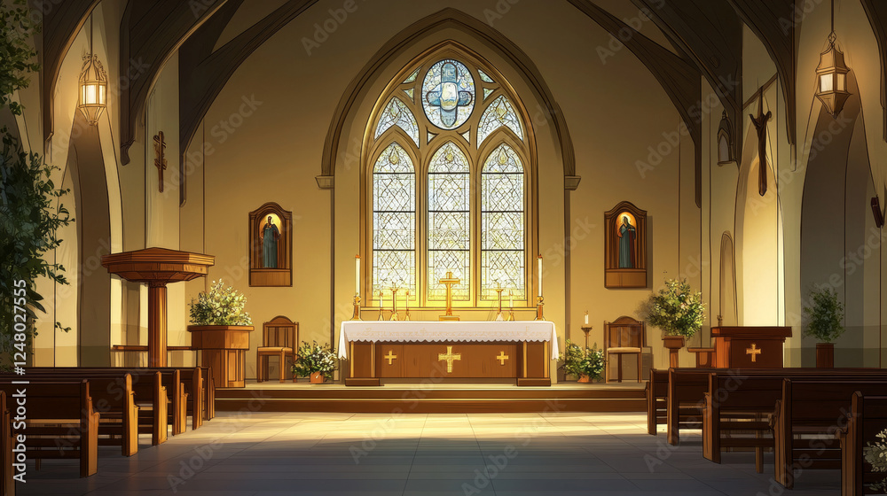 Catholic church interior with altar, wooden benches, tall arch window ...