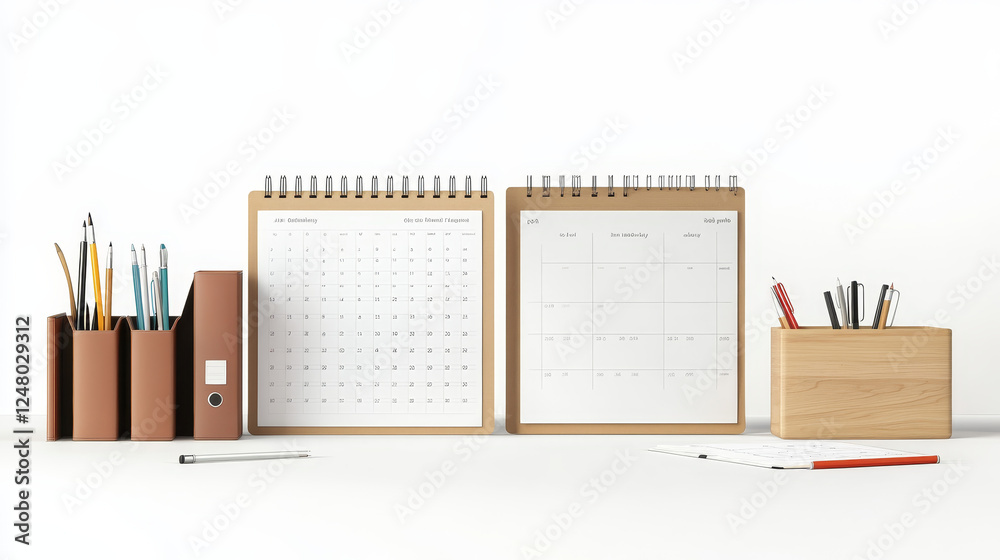 Calendar mockup with blank pages and binder. Desktop and wall paper ...