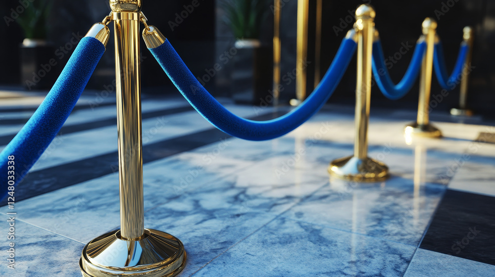 Blue rope barrier with gold stanchions. Velvet fence for entrance to ...