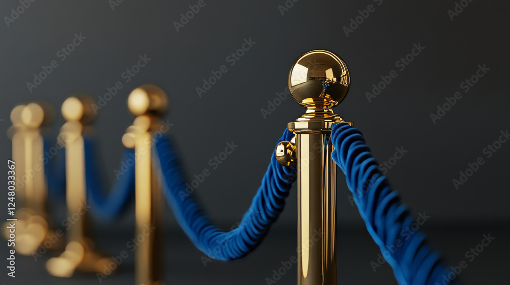 Blue rope barrier with gold stanchions. Velvet fence for entrance to ...