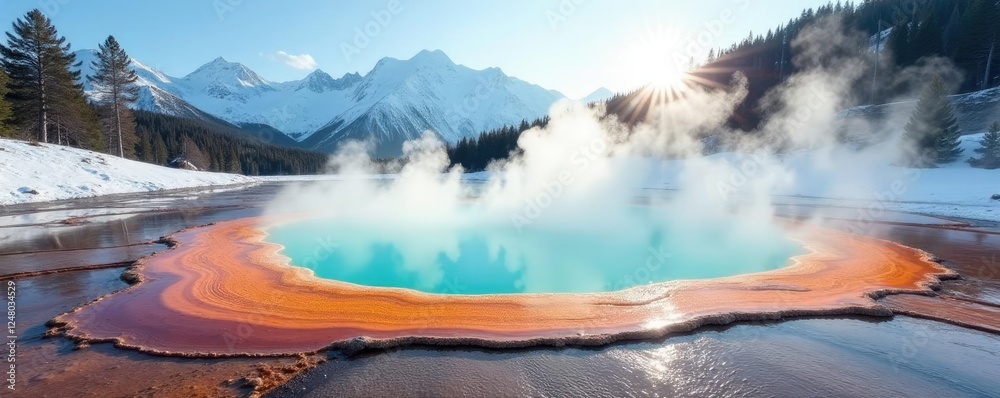 Misty water vapor rises from the surface of a geothermal hot spring in ...