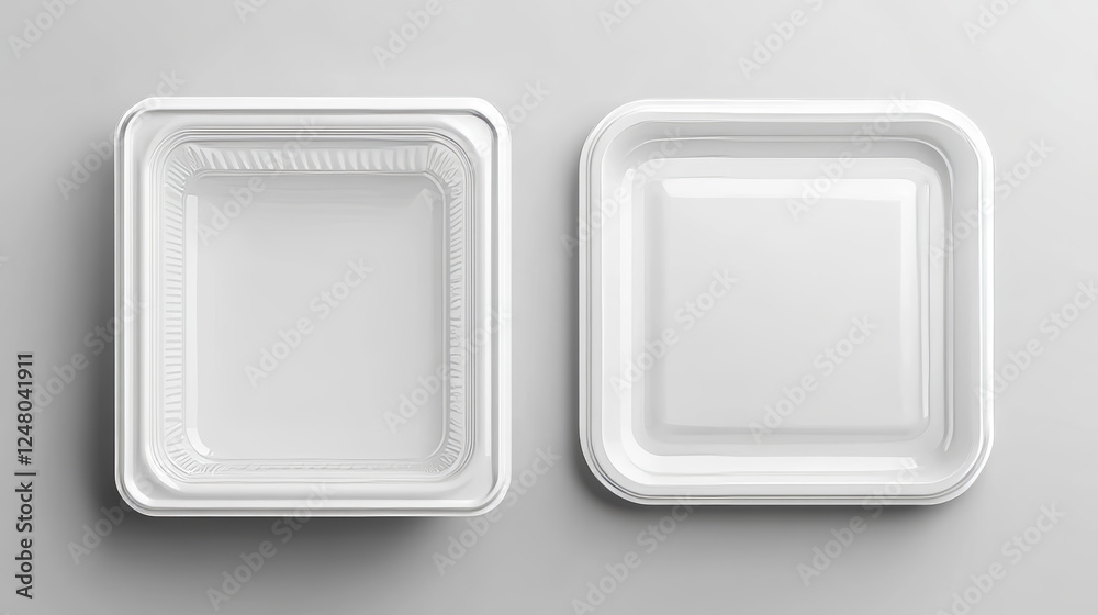 White plastic container and styrofoam tray with transparent wrap foil ...