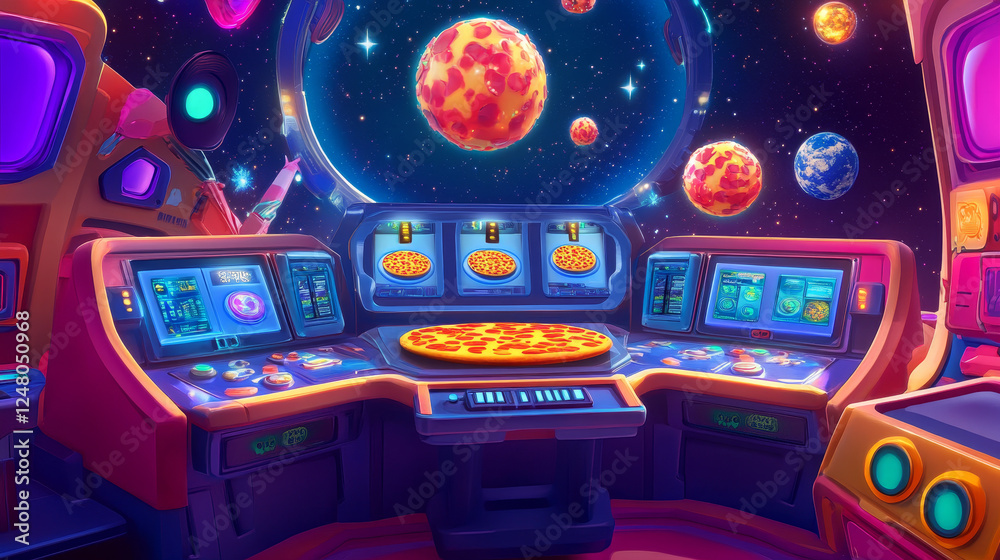 Food planets mobile arcade, cosmic fantasy game with pizza sphere in ...