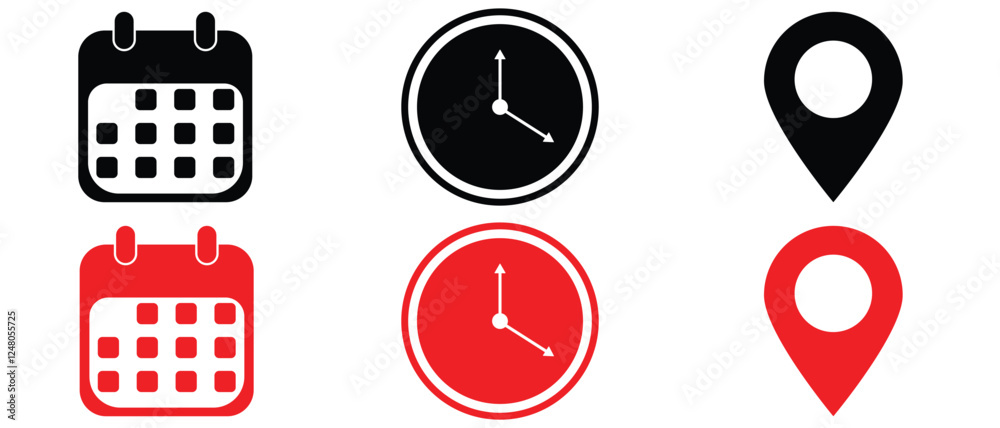 Time, date and address icon set. Calendar, clock, location. Stopwatch timer icon. Date Calendar ...