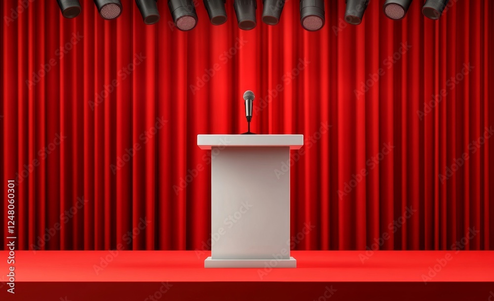 Podium, microphone, red curtain, stage, lights, speech, presentation ...
