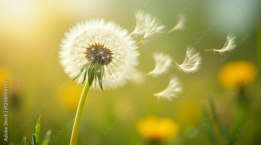 dandelion puff with seeds blowing in the wind Stock Photo | Adobe Stock