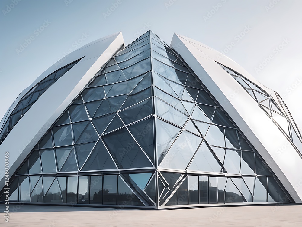 Glass and steel building with triangle pattern structure. Futuristic ...
