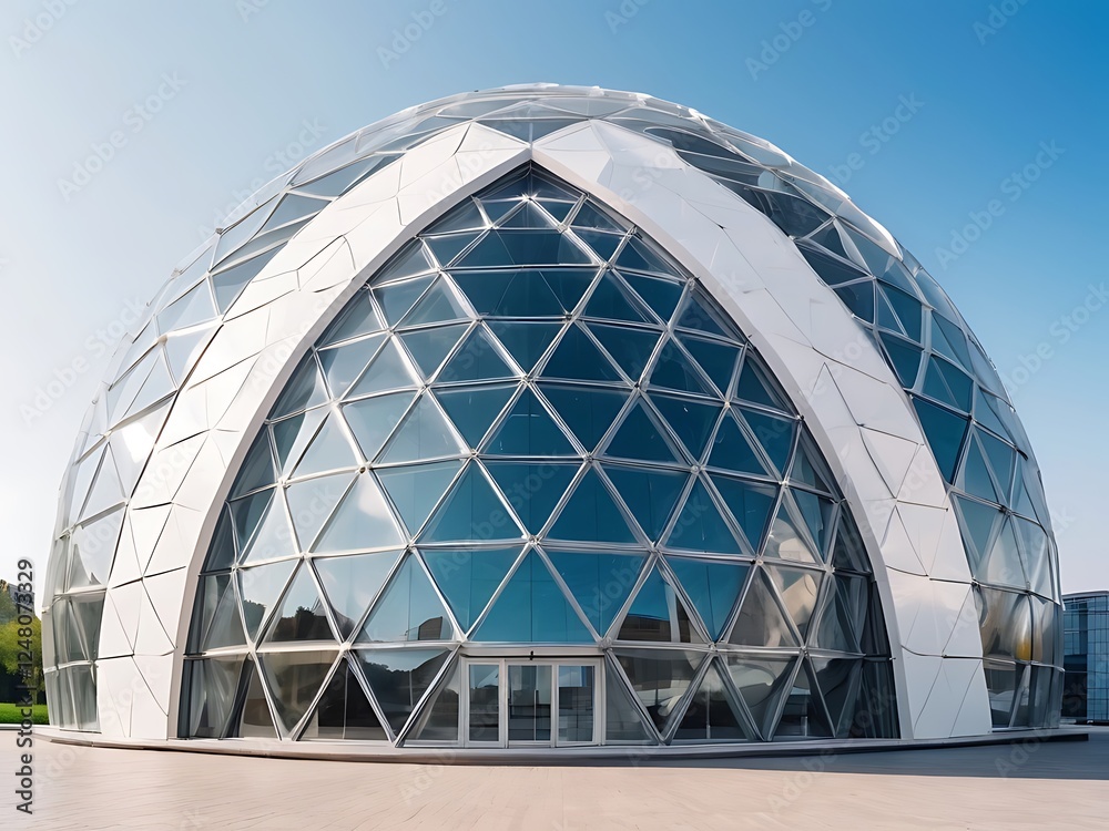 Glass and steel building with triangle pattern structure. Futuristic ...