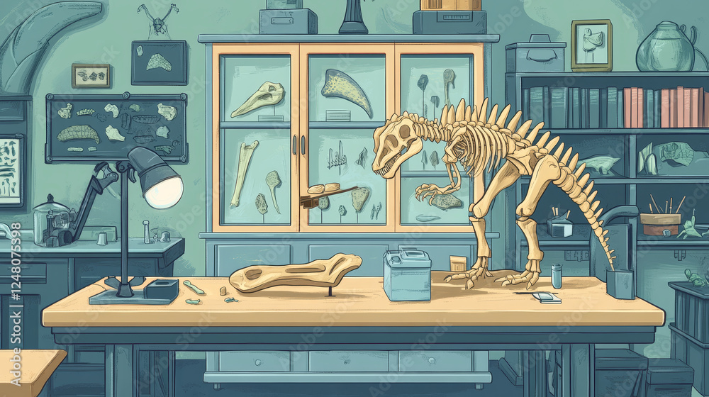 Fossil lab interior with research tools and exhibits under study ...
