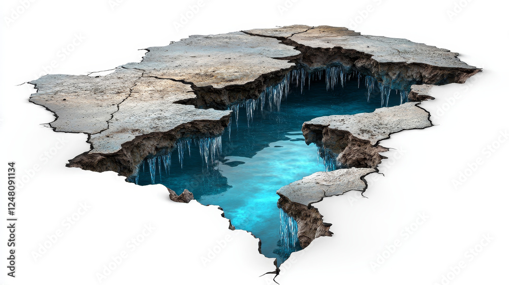 Cracks with water surface texture inside. Breaks in ground or ice with ...