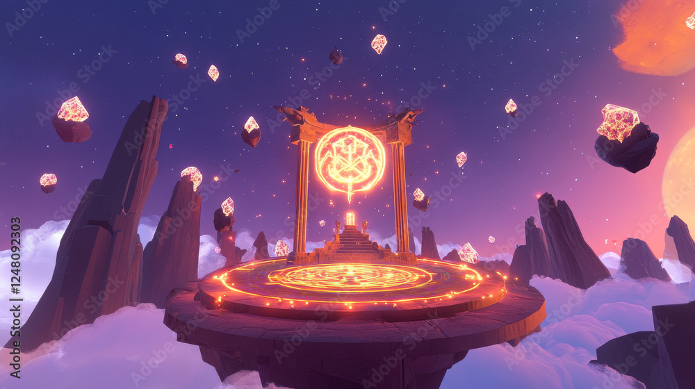 Battle arena, magic altar with runes in float night sky with clouds ...
