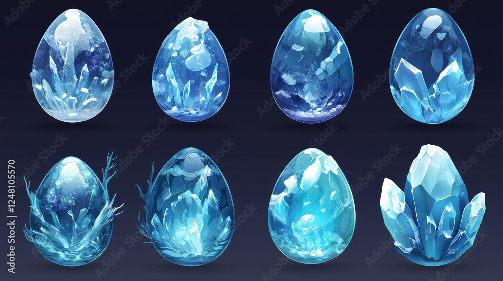 Cartoon dragon ice crystal eggs animation with whole, cracked and ...