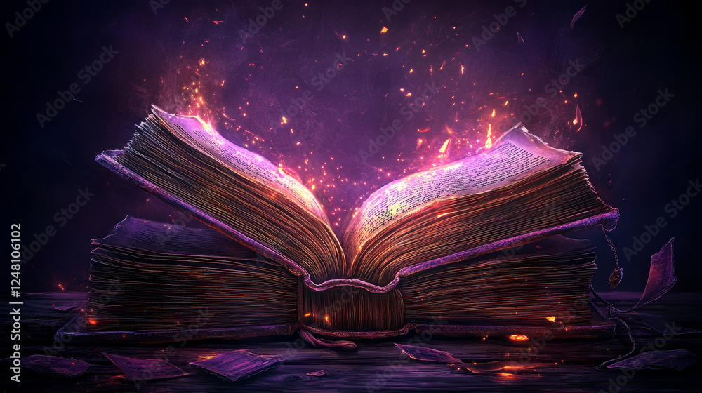 Magic spell books, fantasy alchemy grimoires, closed and open wizard ...