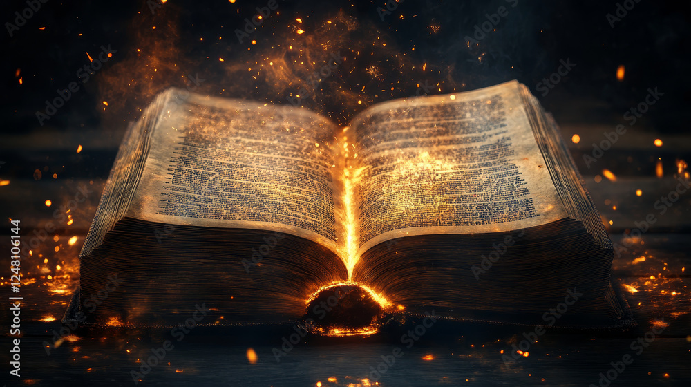 Magic spell books, fantasy alchemy grimoires, closed and open wizard diary with mysterious glow ...