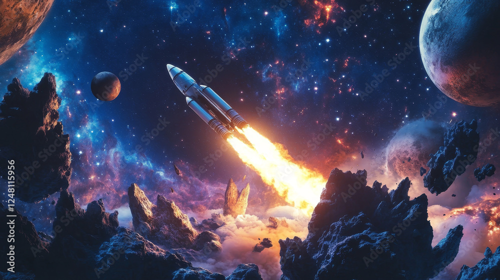 Spaceship posters with rockets flying above alien planet surface ...