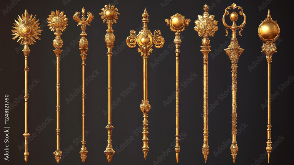 Gold royal scepters, king and queen wands. Vector realistic set of ancient golden rod, royalty ...