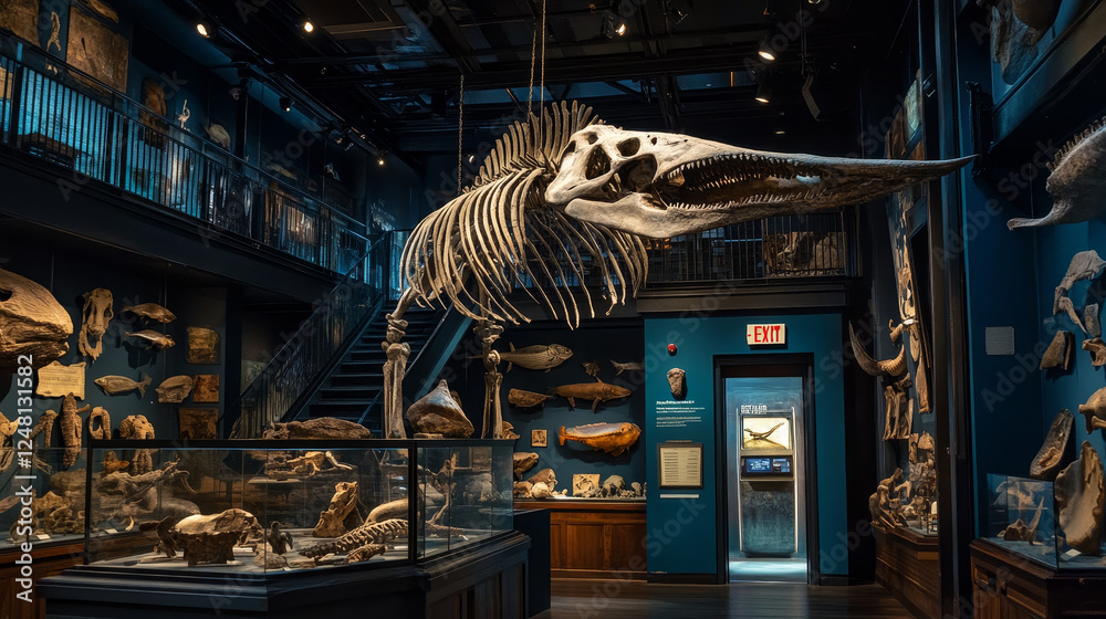 Cartoon dark night archaeological museum hall interior with exhibit ...