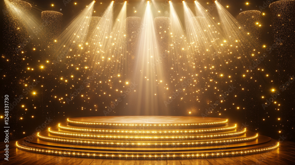 Gold light show stage. Abstract spotlight podium. Golden concert or ...