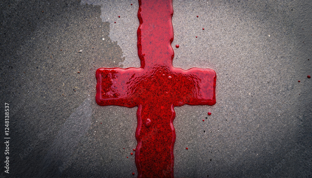 Red blood droplets forming a cross on concrete pavement, Good Friday ...