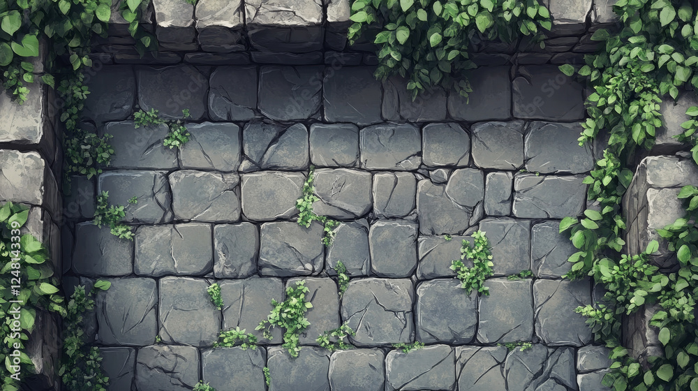 Game stone textures, seamless patterns of pavement, wall with rocks ivy ...