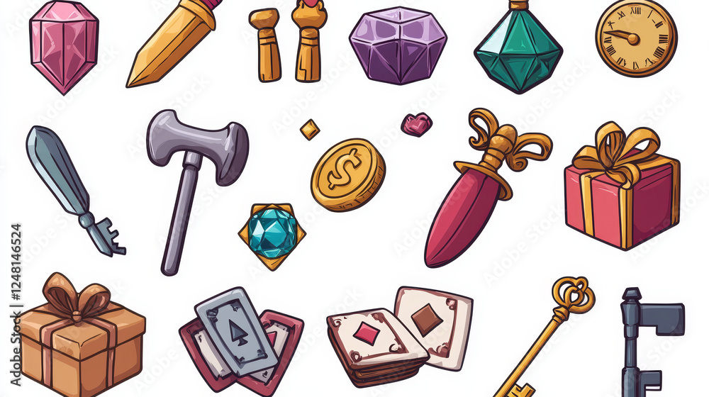 Game icons pack with symbols of key, playing cards, clock, money, gift ...
