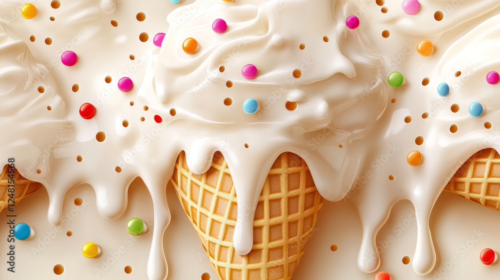 Realistic drip ice cream melted drops with sprinkles on waffle cone ...